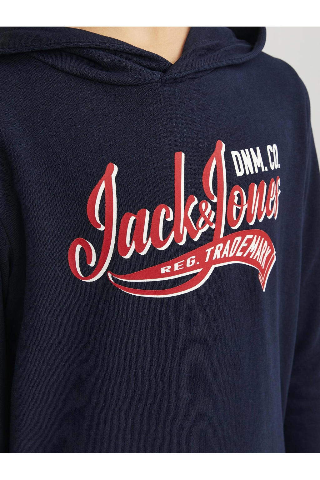 JACK & JONES JUNIOR hoodie JJELOGO met tekst donkerblauw/rood | wehkamp