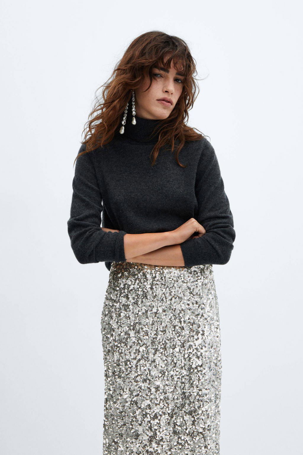Mango midi rok met pailletten zilver | wehkamp