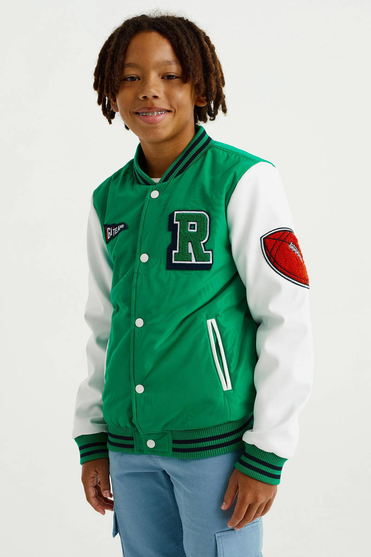 WE Fashion baseball jacket van polyester groen/wit | wehkamp