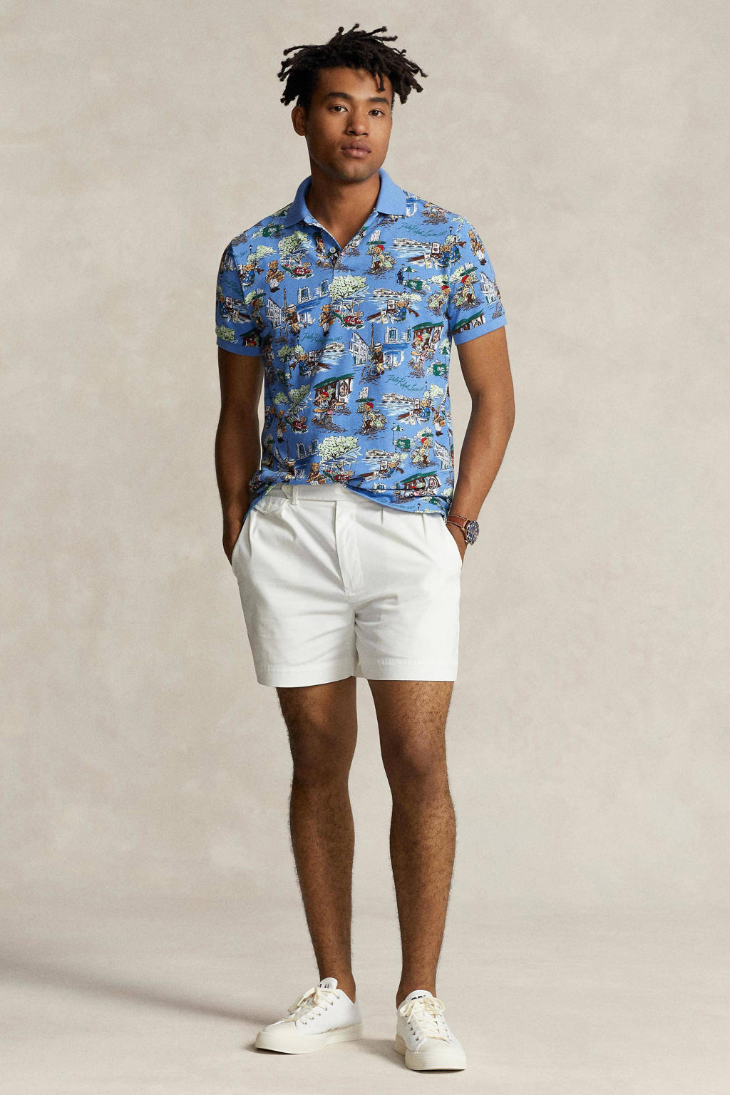 POLO Ralph Lauren slim fit polo met all over print paris bear blue ...