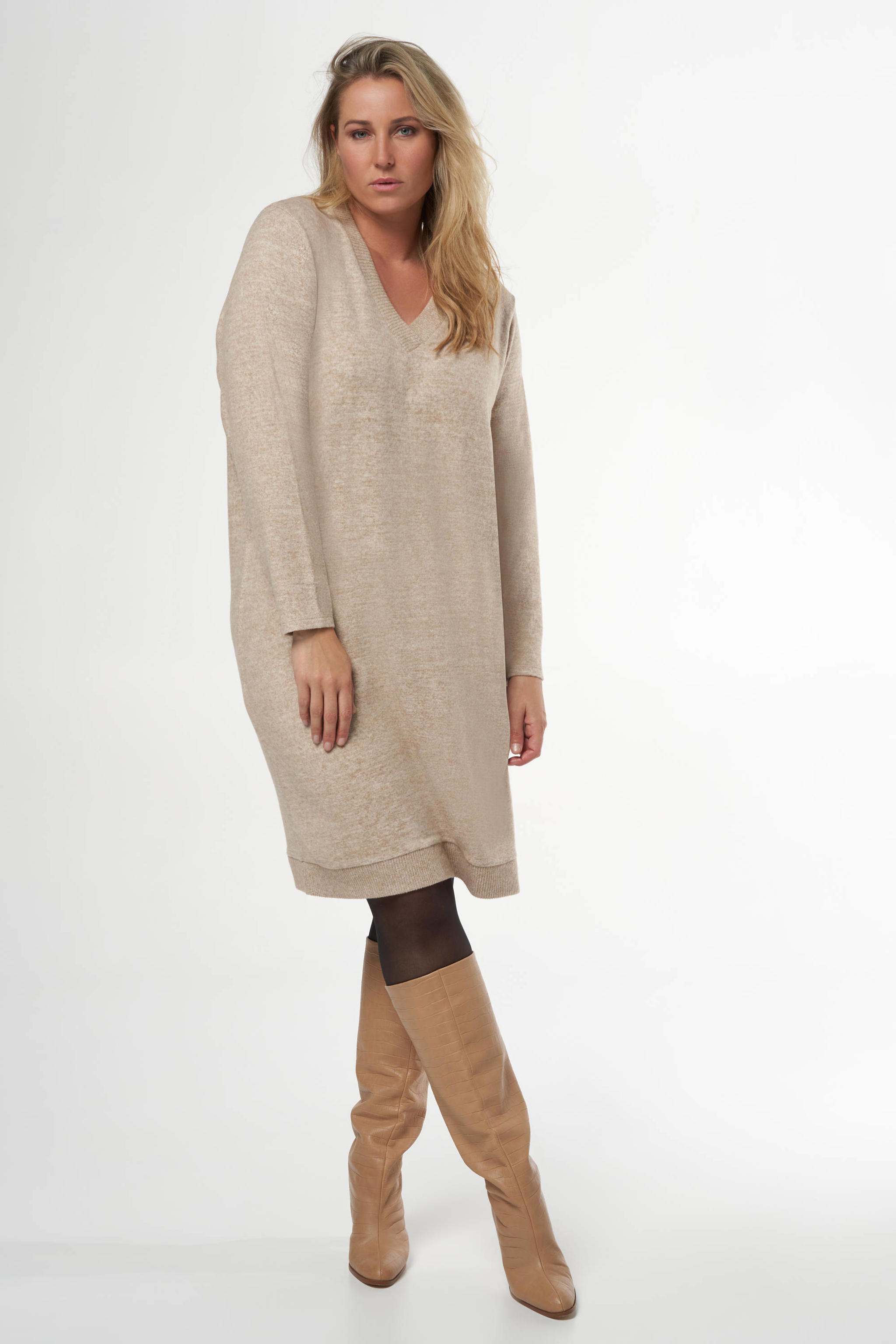 MS Mode fijngebreide jurk beige | wehkamp