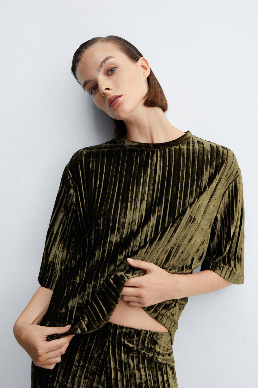 Mango fluwelen T-shirt met textuur olijfgroen | wehkamp