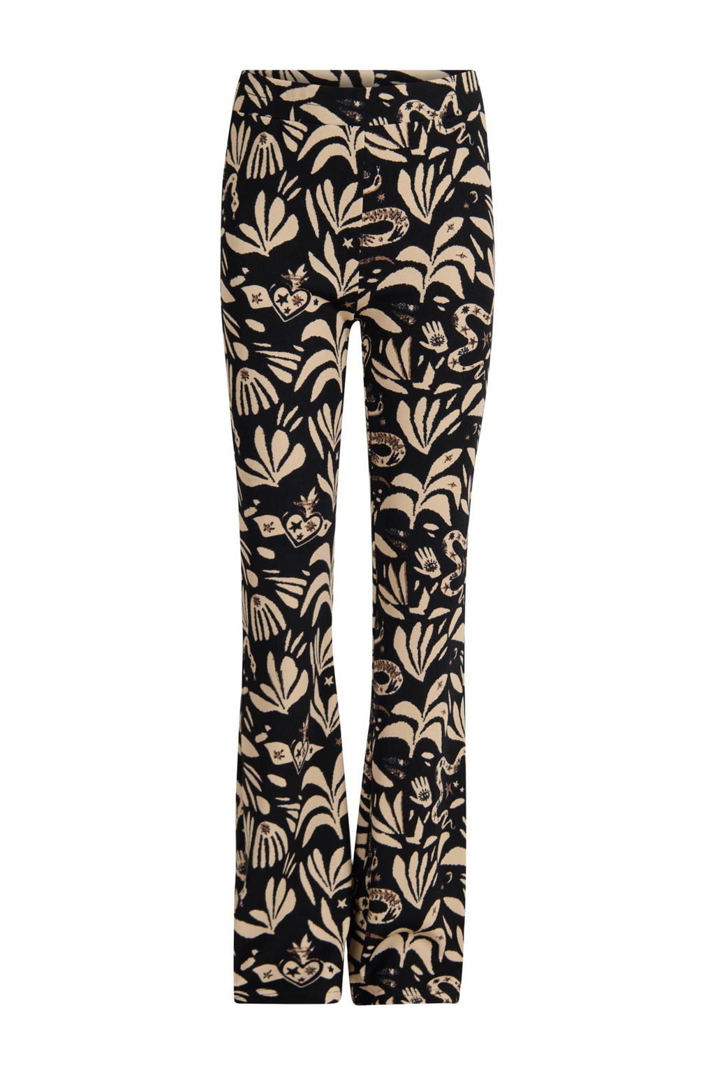 Shoeby high waist flared broek met all over print zwart/ecru | wehkamp