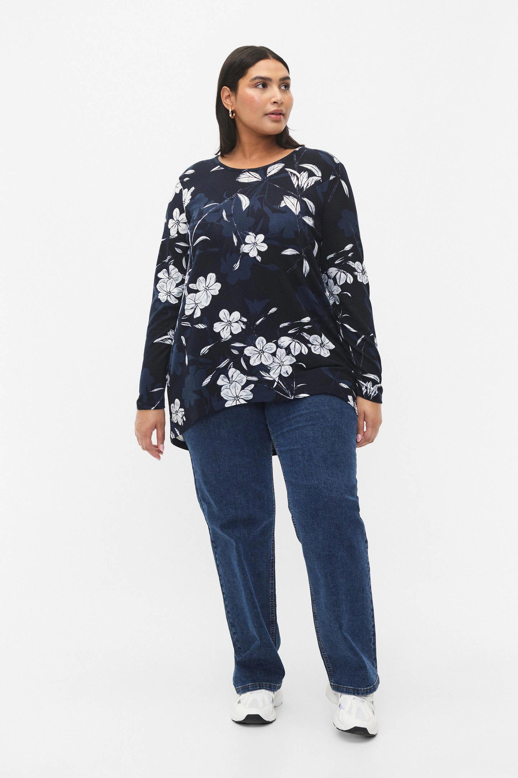Zizzi gebloemde top van polyester donkerblauw/ blauw/ wit | wehkamp