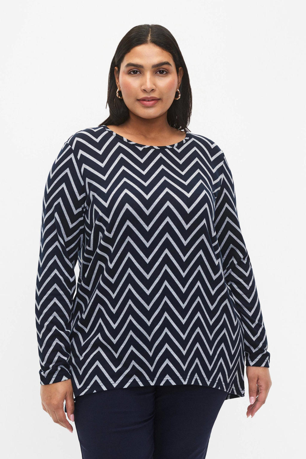 Zizzi gestreepte top van polyester donkerblauw/ grijs | wehkamp