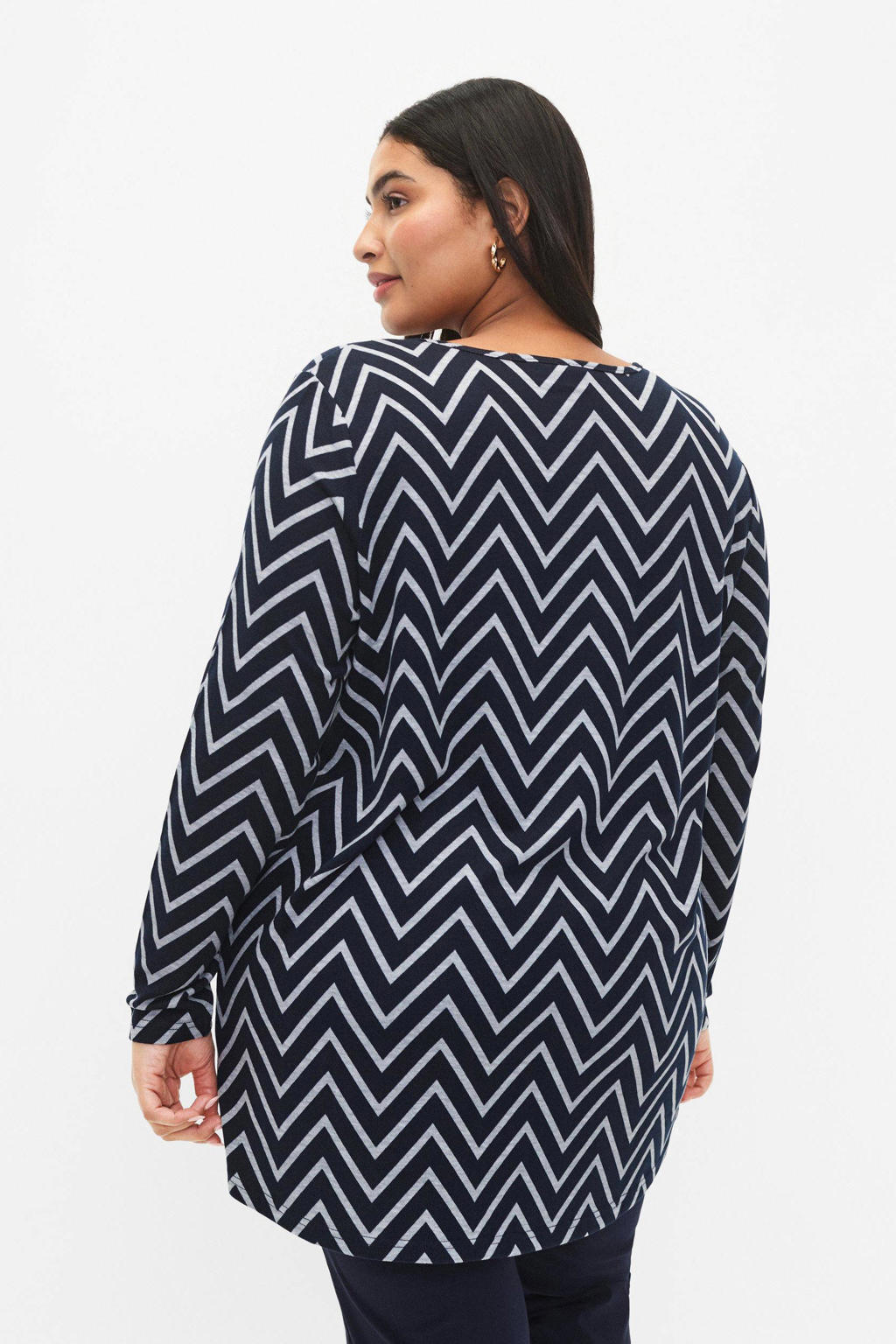 Zizzi gestreepte top van polyester donkerblauw/ grijs | wehkamp