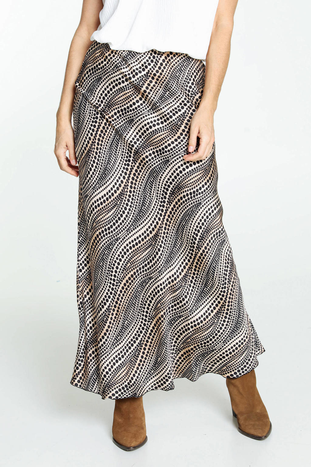 Cassis satijnen maxi rok met all over print taupe/zwart | wehkamp
