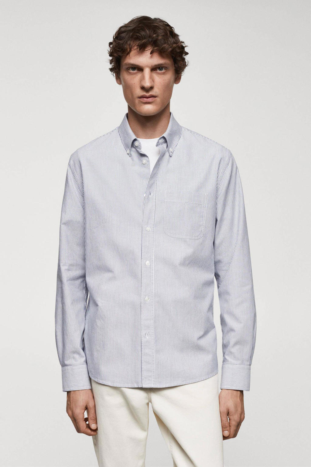 Mango Man gestreept regular fit overhemd marineblauw | wehkamp