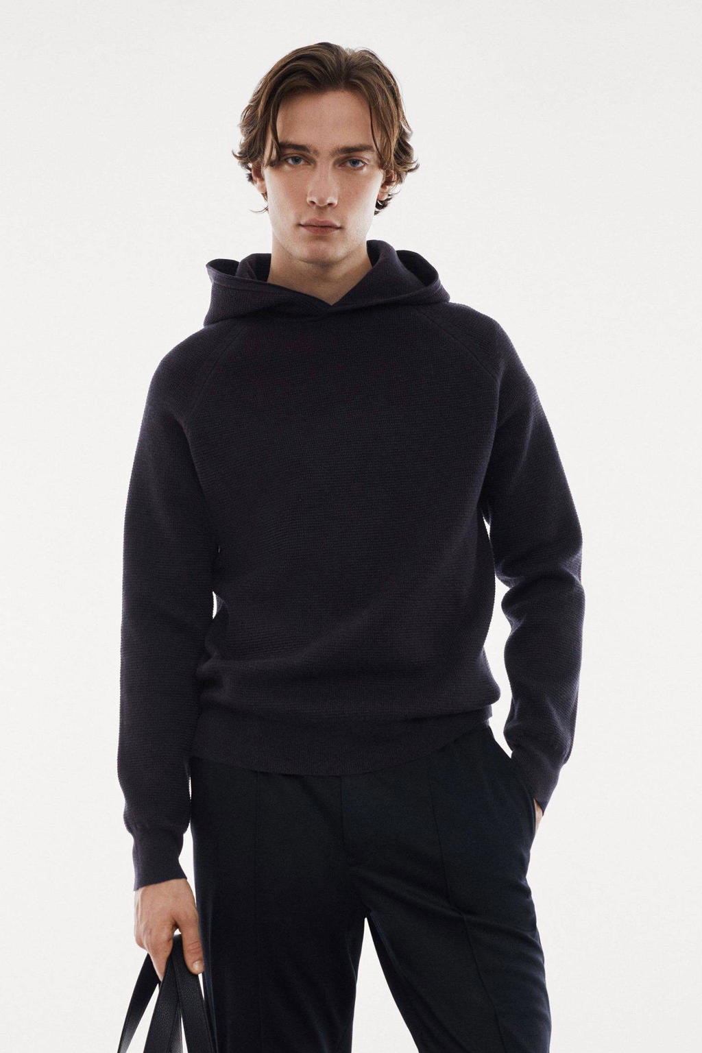 Mango Man gebreide hoodie met wol marineblauw | wehkamp