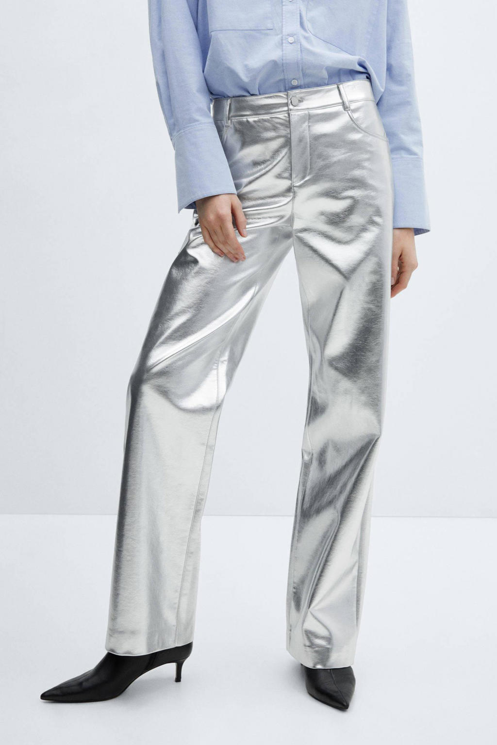 Mango metallic wide leg broek zilver | wehkamp