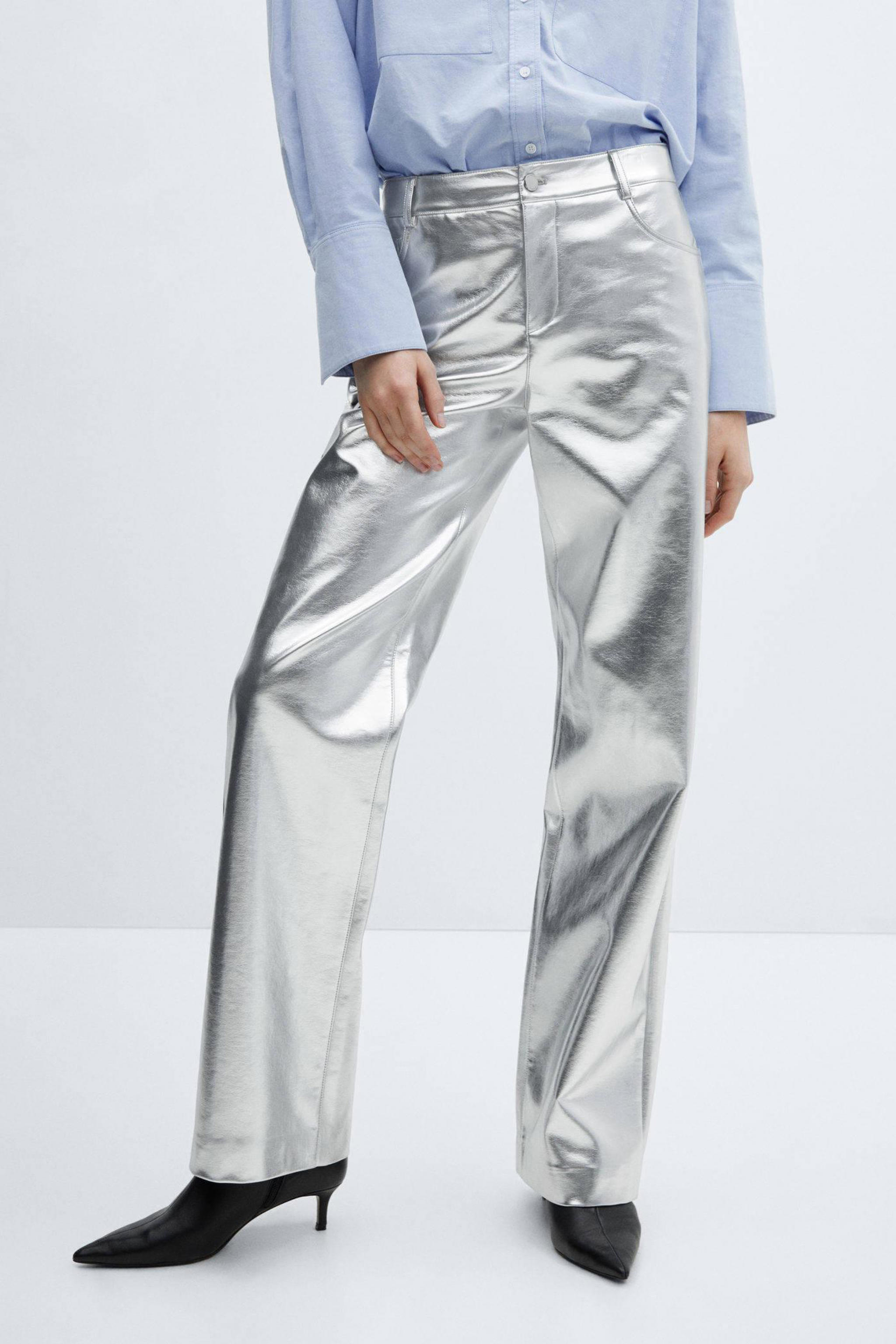 Mango metallic wide leg broek zilver | wehkamp