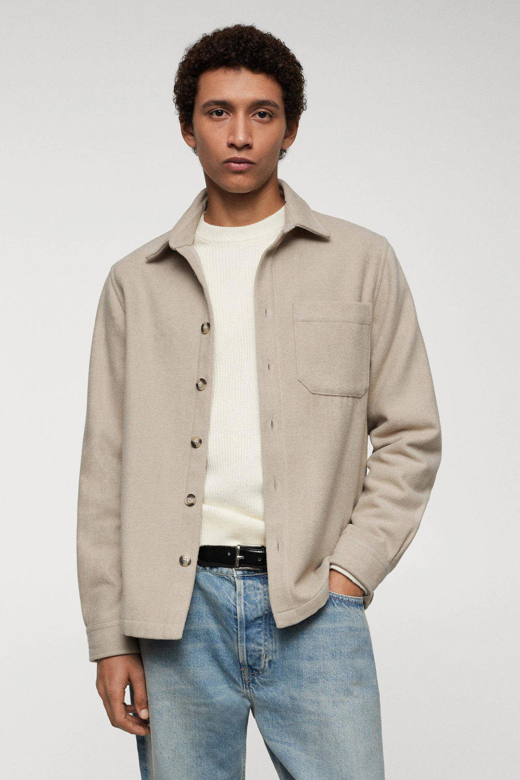 Mango Man gemêleerd regular fit overshirt beige | wehkamp
