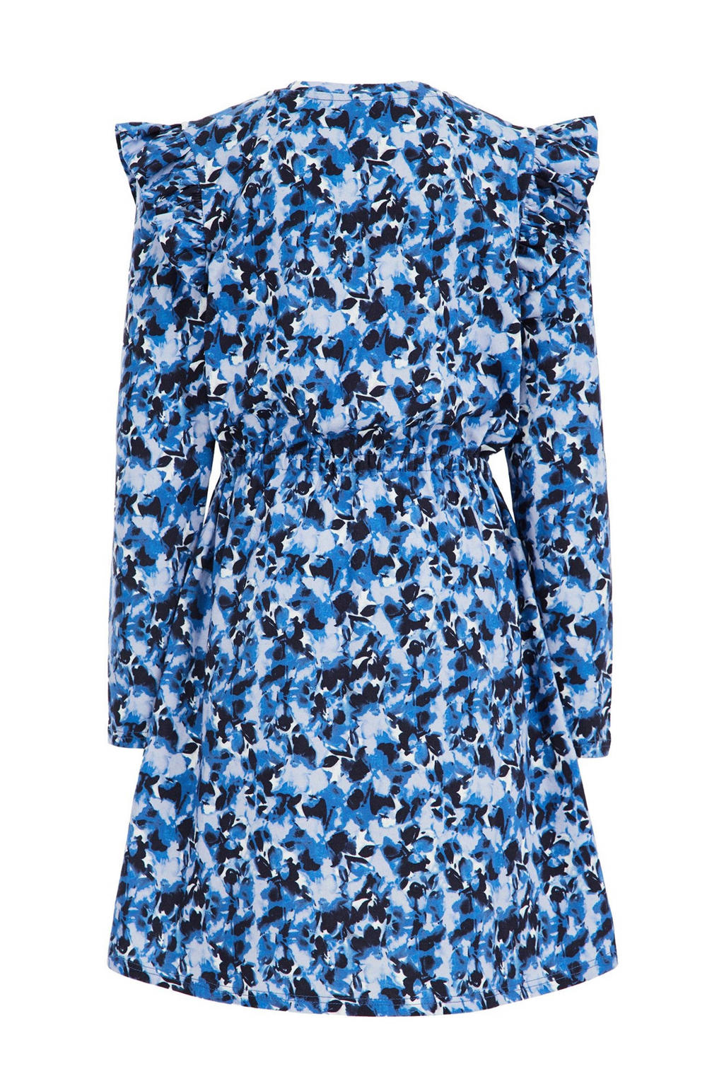 WE Fashion jurk met all over print en ruches blauw/lila/zwart | wehkamp