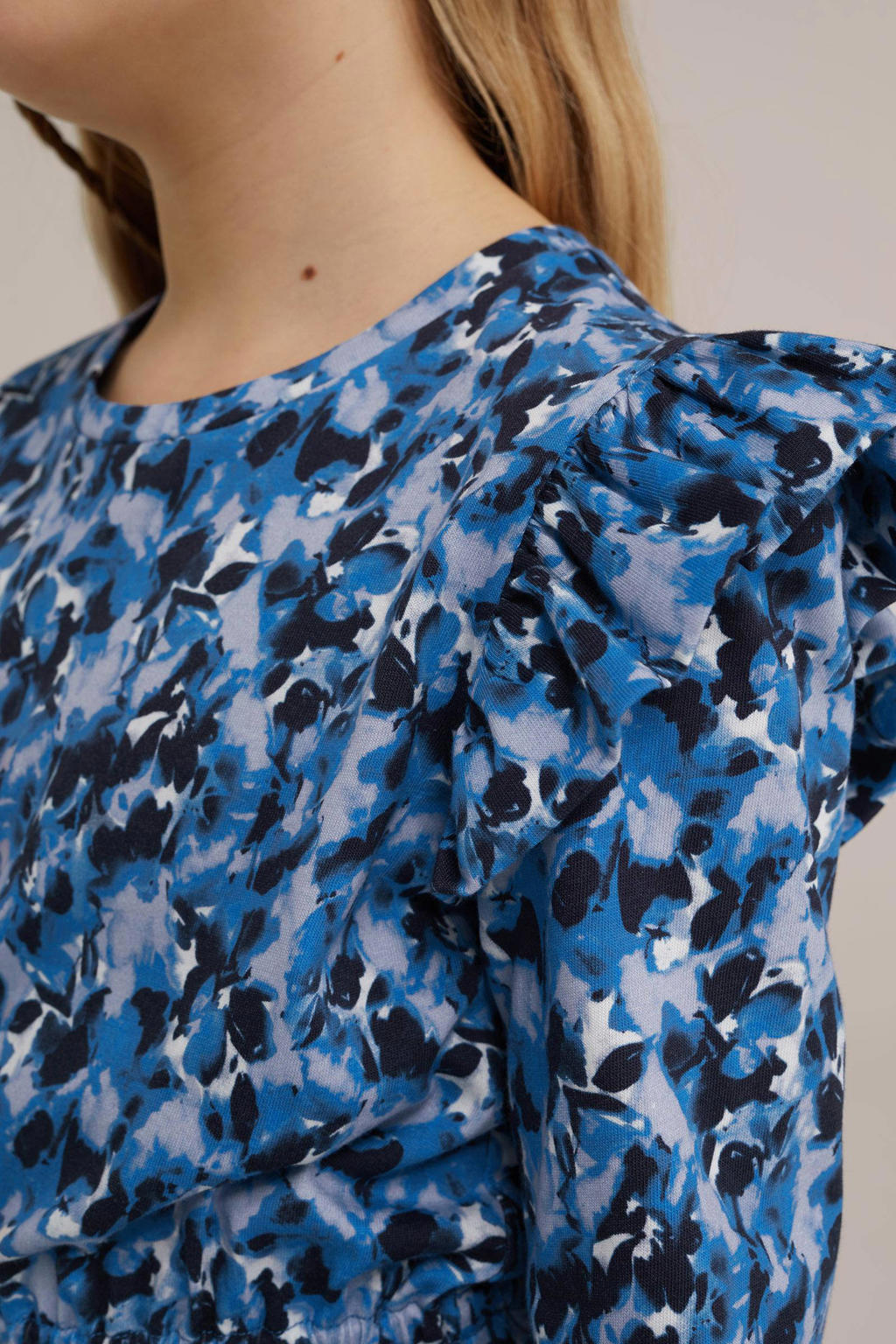 WE Fashion jurk met all over print en ruches blauw/lila/zwart | wehkamp