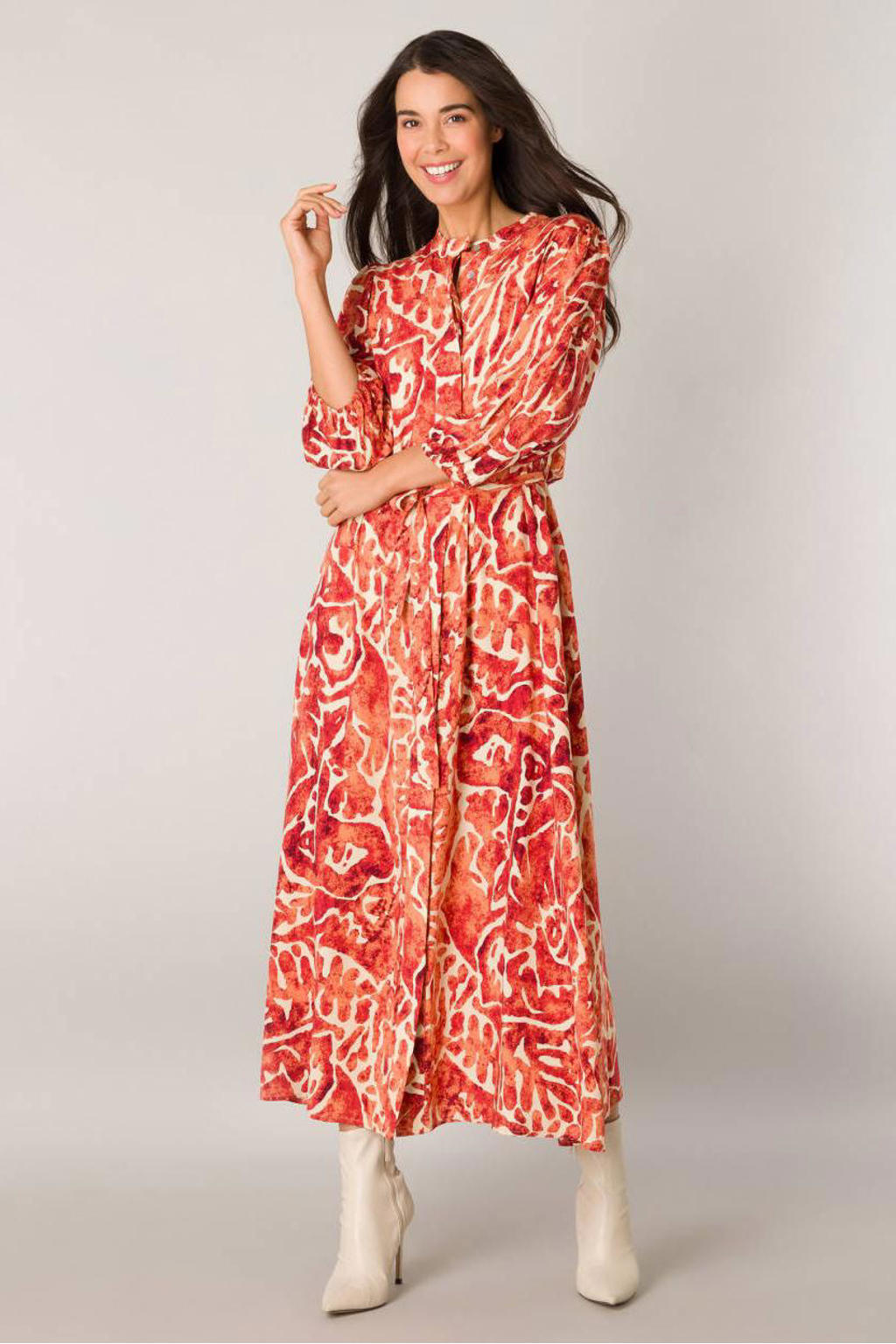 Yest maxi blousejurk met all over print en ceintuur rood/ecru | wehkamp
