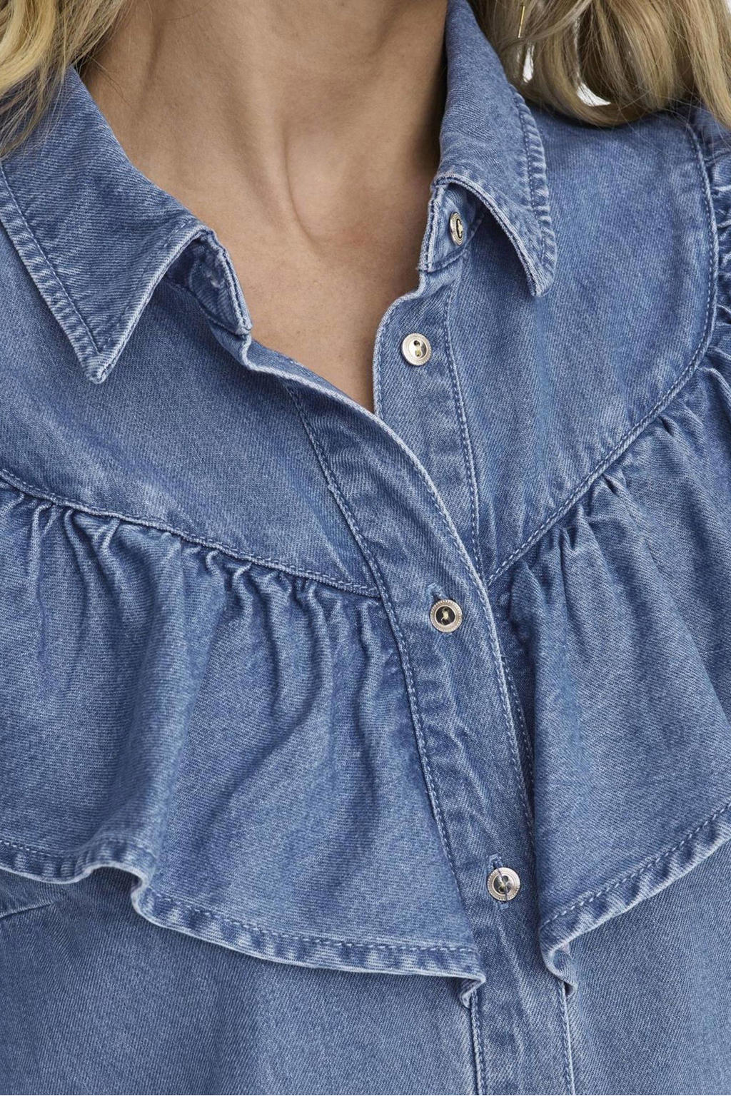 ONLY denim blouse ONLINDIGO met volant medium blue denim | wehkamp