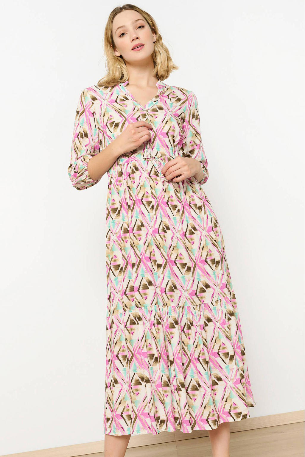 LOLALIZA maxi blousejurk met all over print en volant ecru/roze/groen | wehkamp