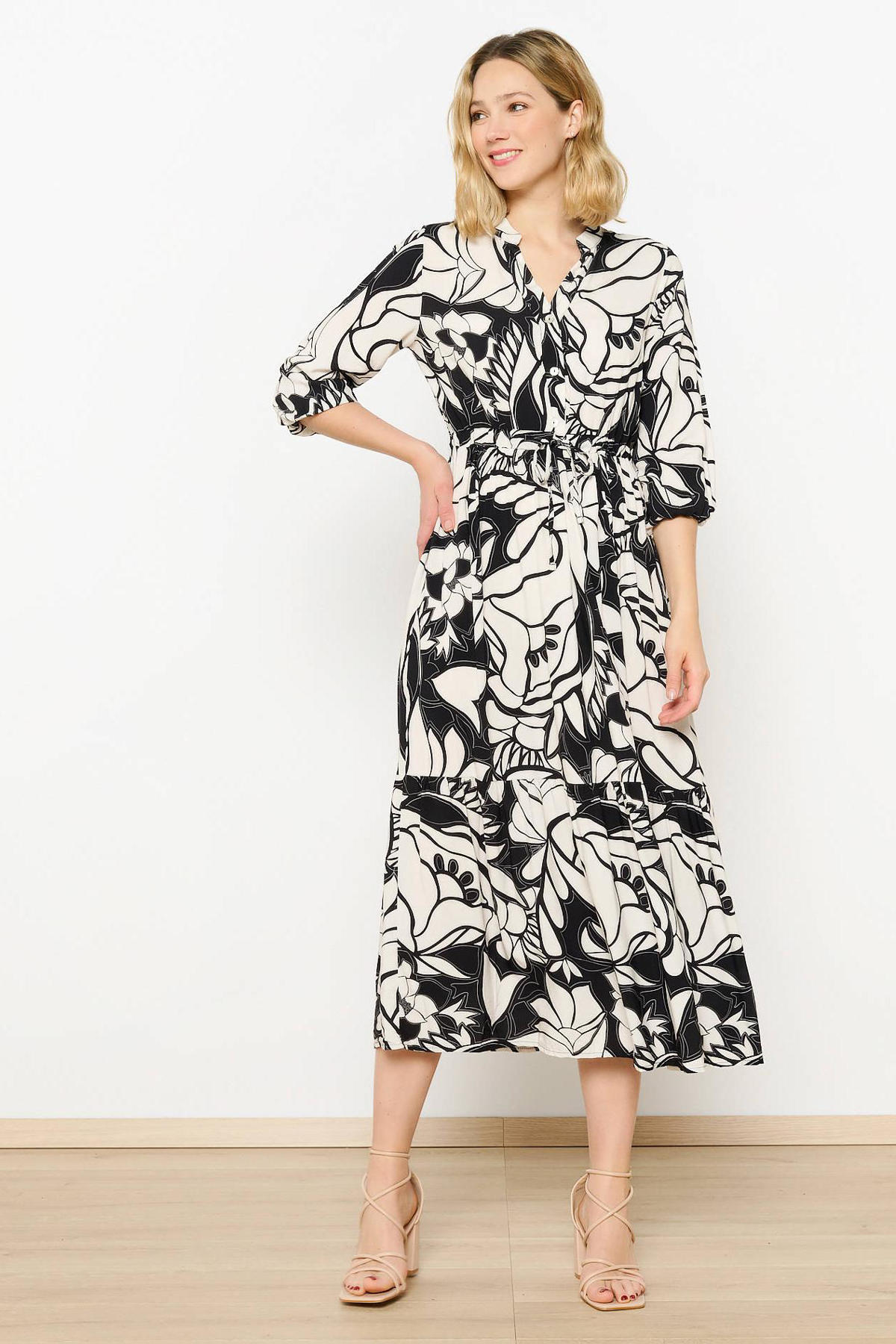LOLALIZA jurk met all over print en volant zwart/ecru | wehkamp