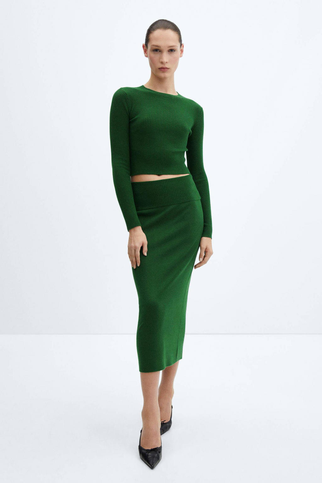 Mango fijngebreide midi rok groen | wehkamp