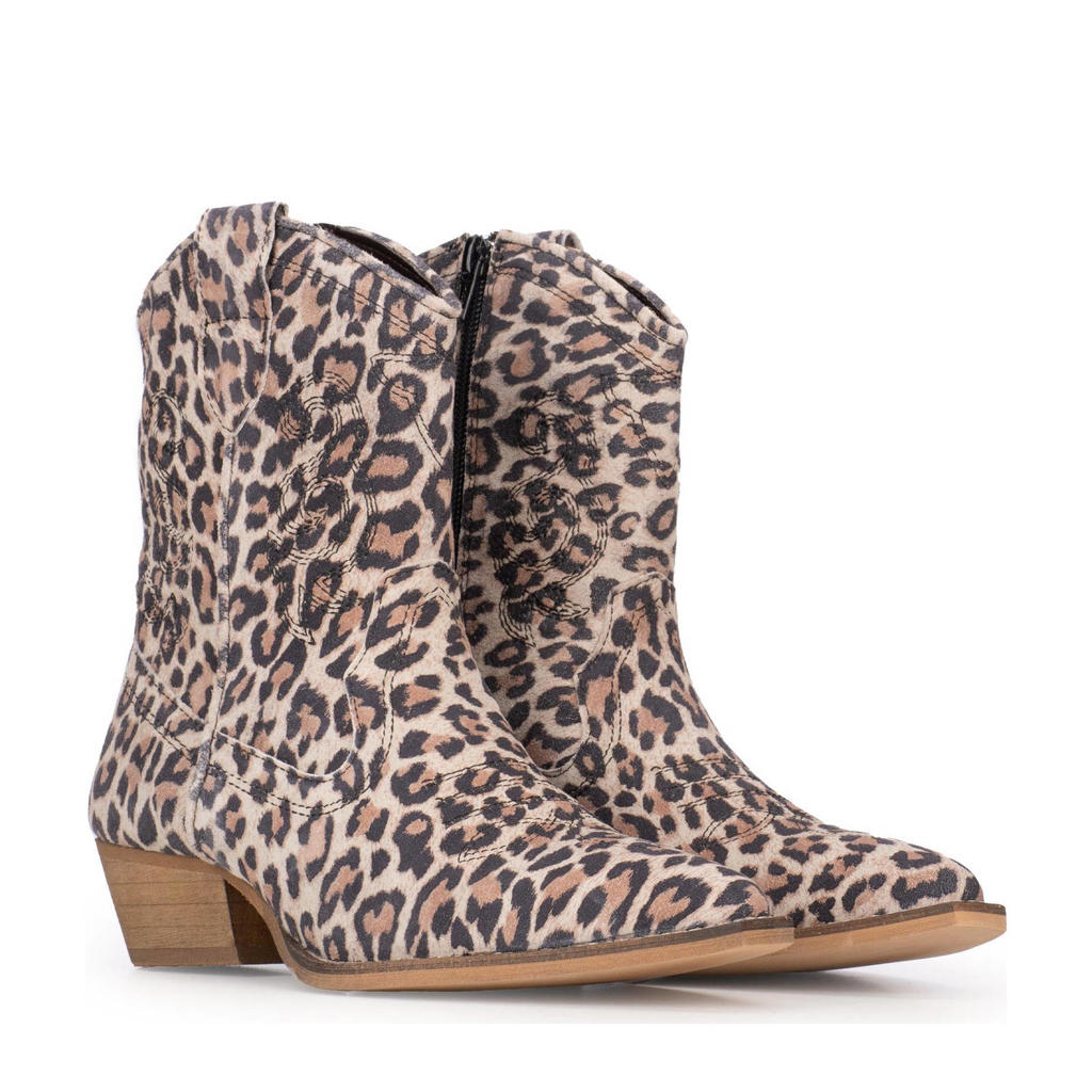 PS Poelman Moco suède cowboylaarzen met panterprint bruin | wehkamp