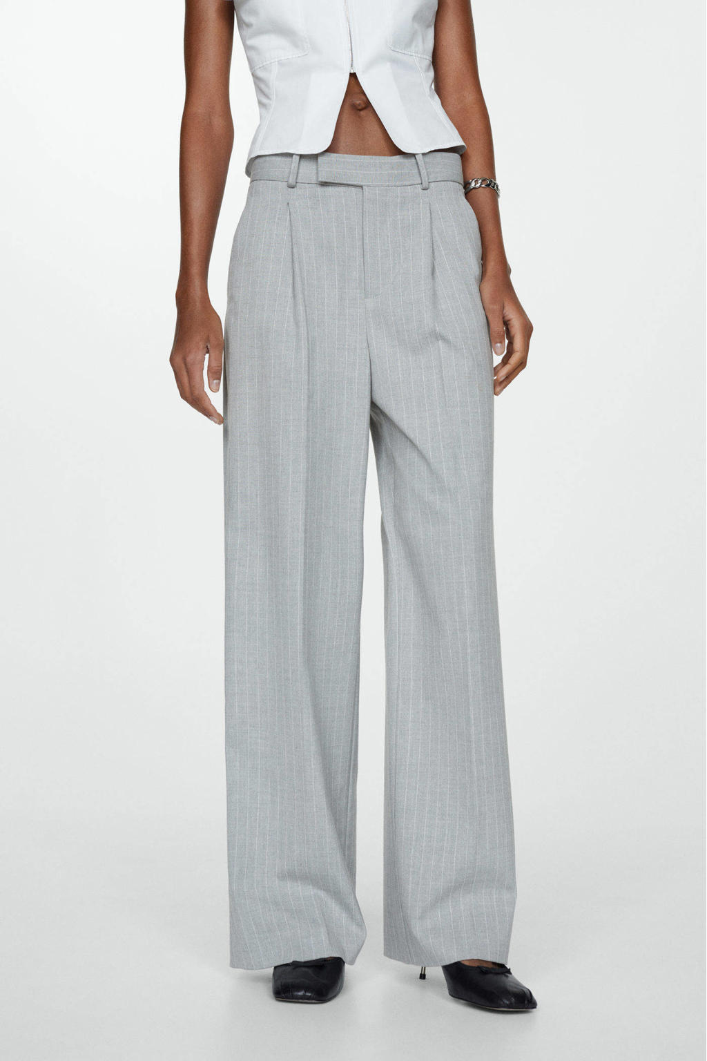 Mango wide leg pantalon met krijtstreep lichtgrijs | wehkamp
