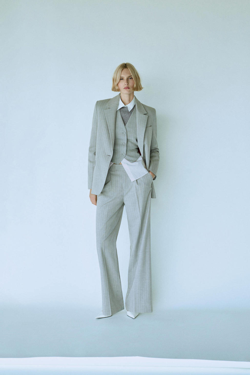 Mango wide leg pantalon met krijtstreep lichtgrijs | wehkamp