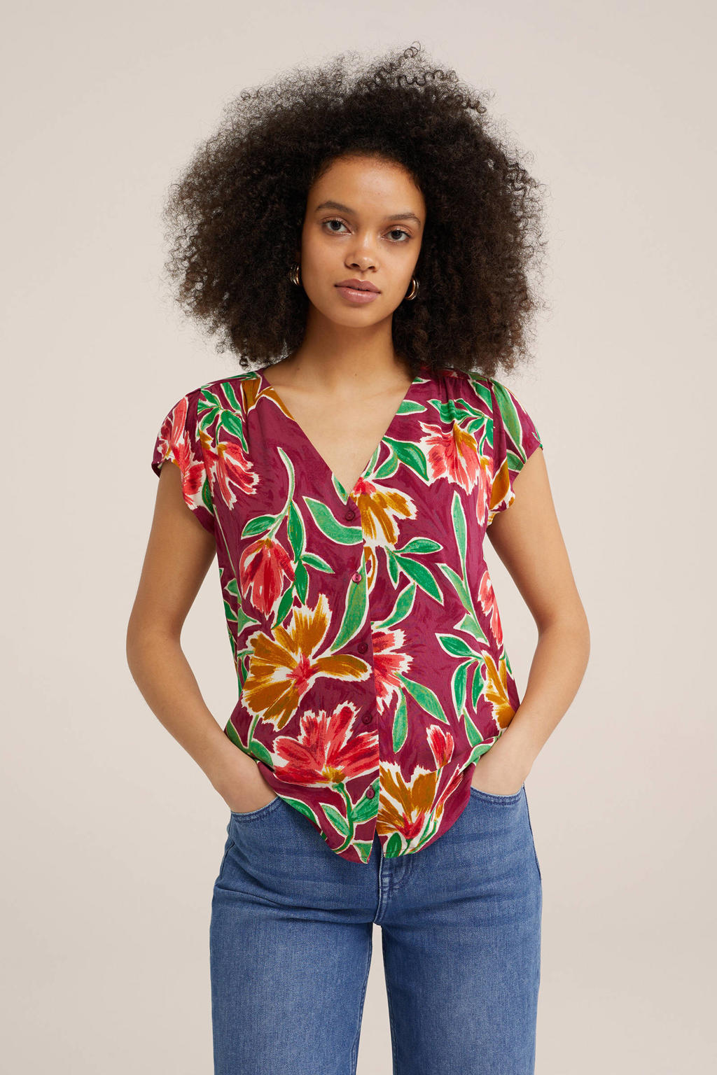 WE Fashion blouse met all over print fuchsia,rood,groen | wehkamp