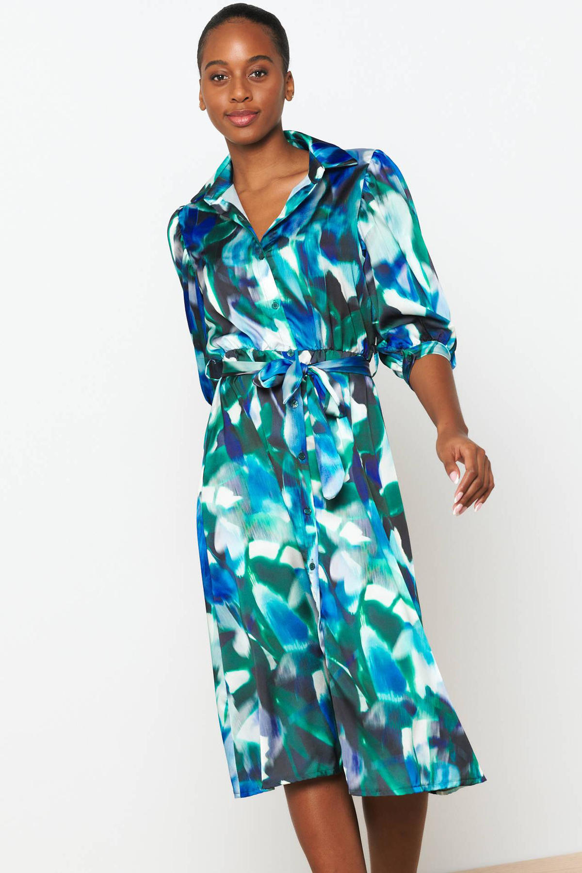 LOLALIZA blousejurk met all over print en ceintuur blauw/groen | wehkamp