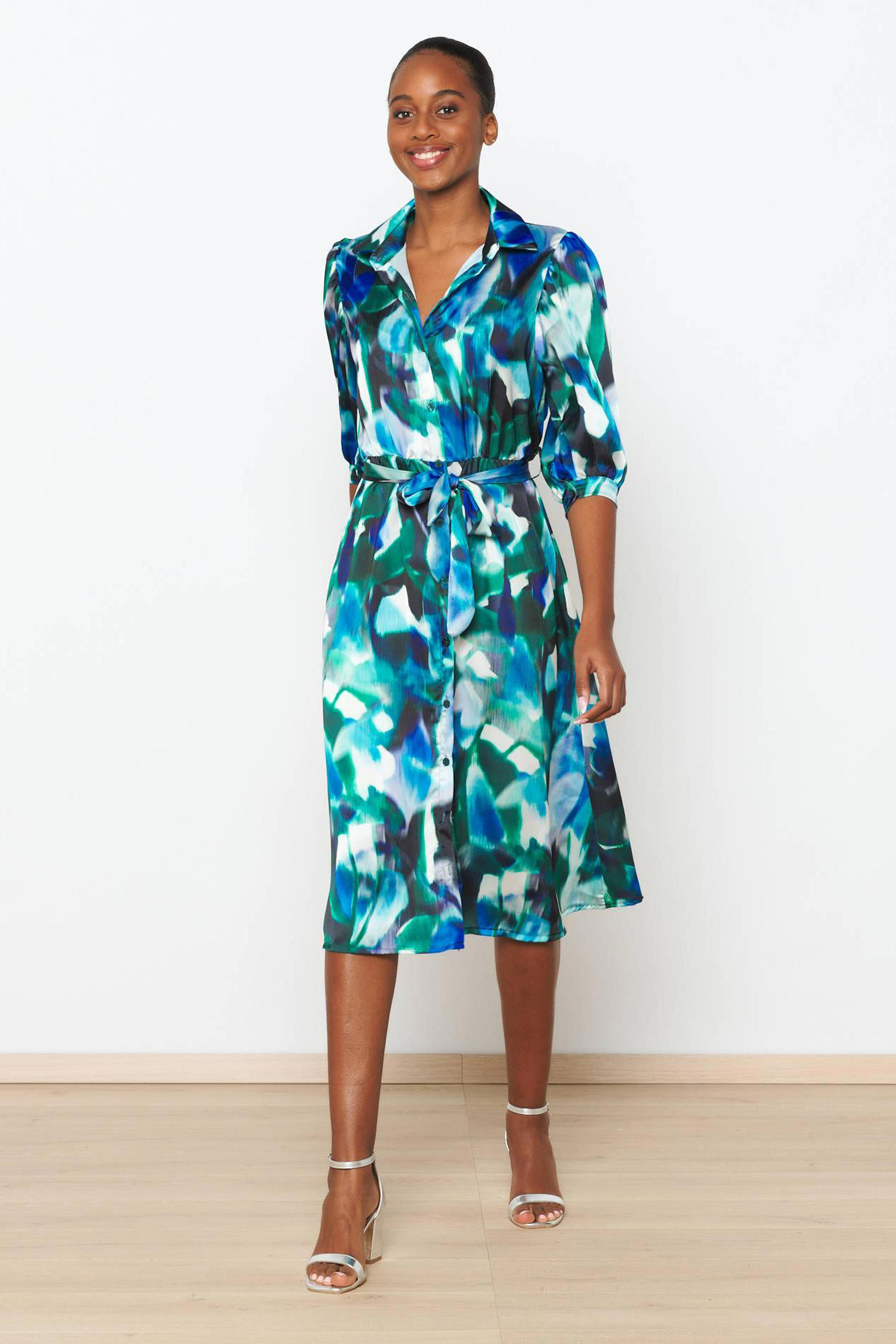 LOLALIZA blousejurk met all over print en ceintuur blauw/groen | wehkamp