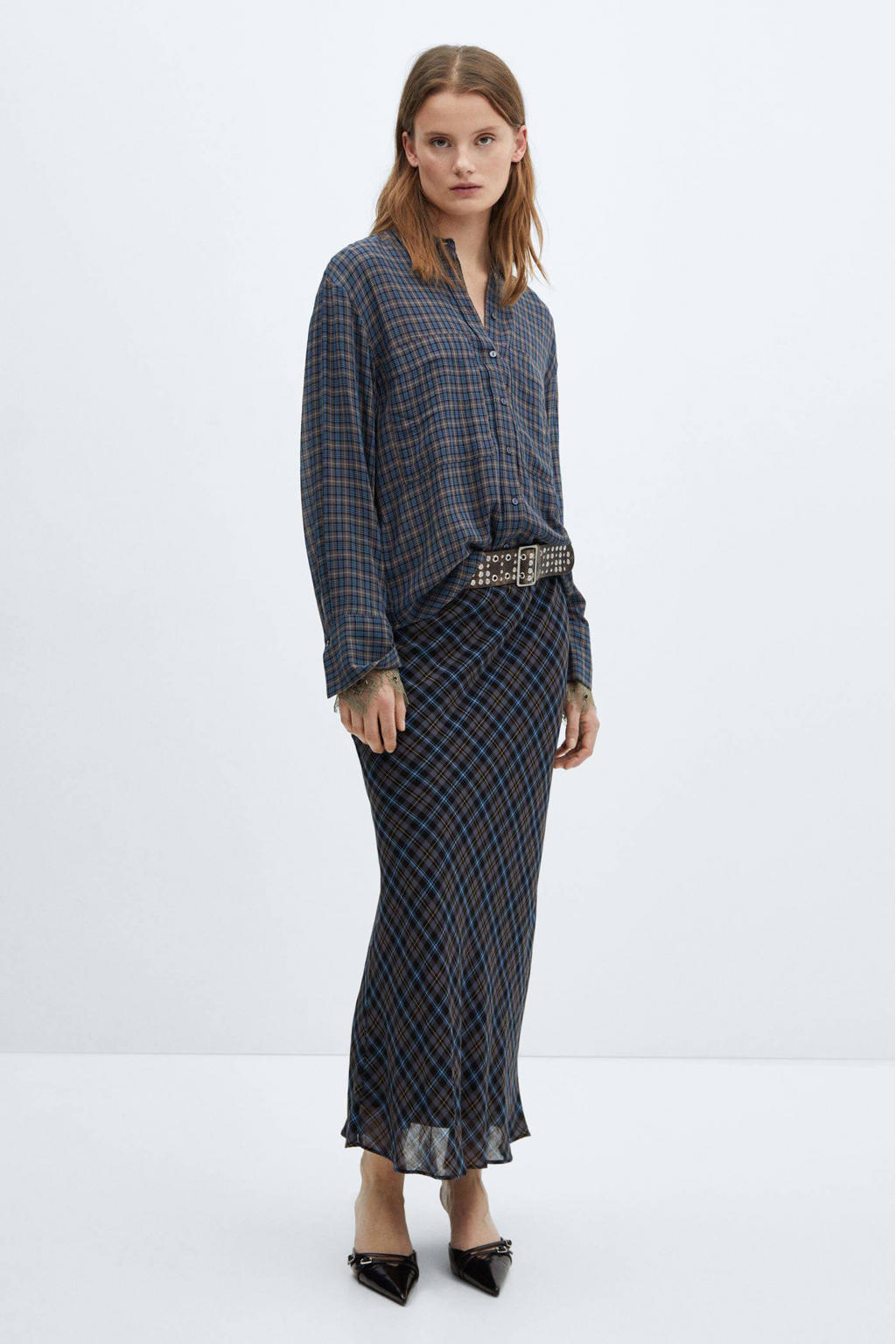 Mango geruite blouse met wol blauw/bruin | wehkamp