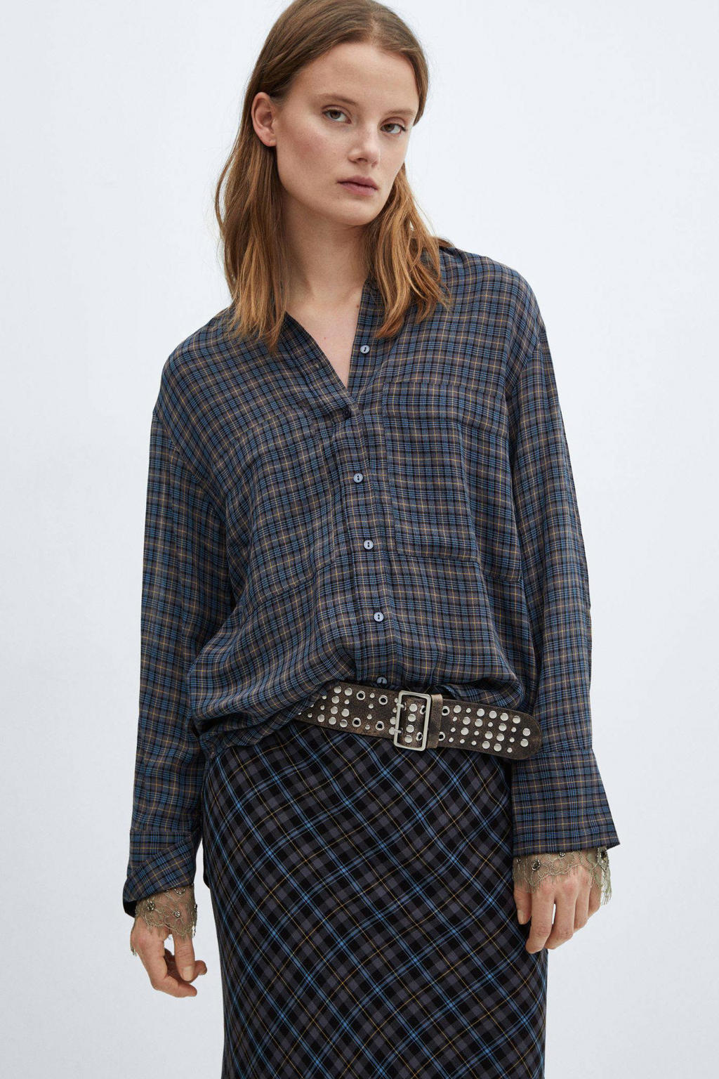 Mango geruite blouse met wol blauw/bruin | wehkamp