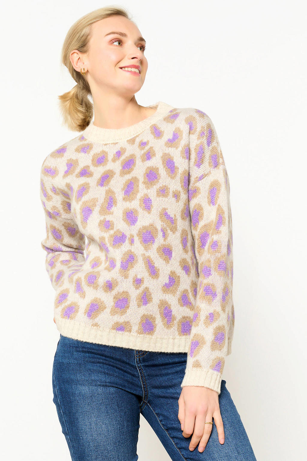 LOLALIZA gebreide trui met jacquard paars/ecru/camel | wehkamp