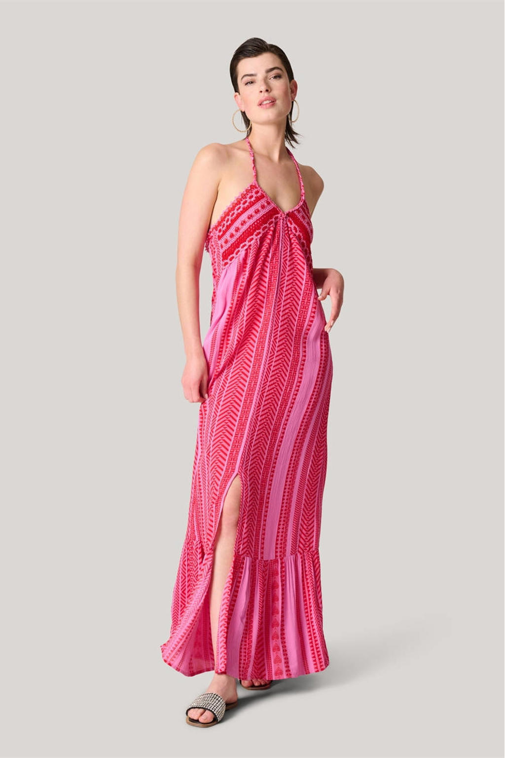 Shoeby halter maxi jurk met all over print en volant roze/rood | wehkamp