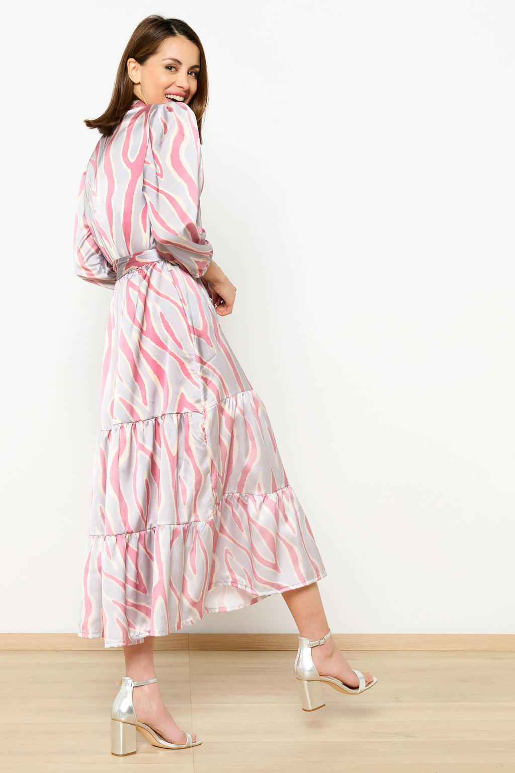 LOLALIZA jurk met all over print en ruches lichtblauw/roze | wehkamp