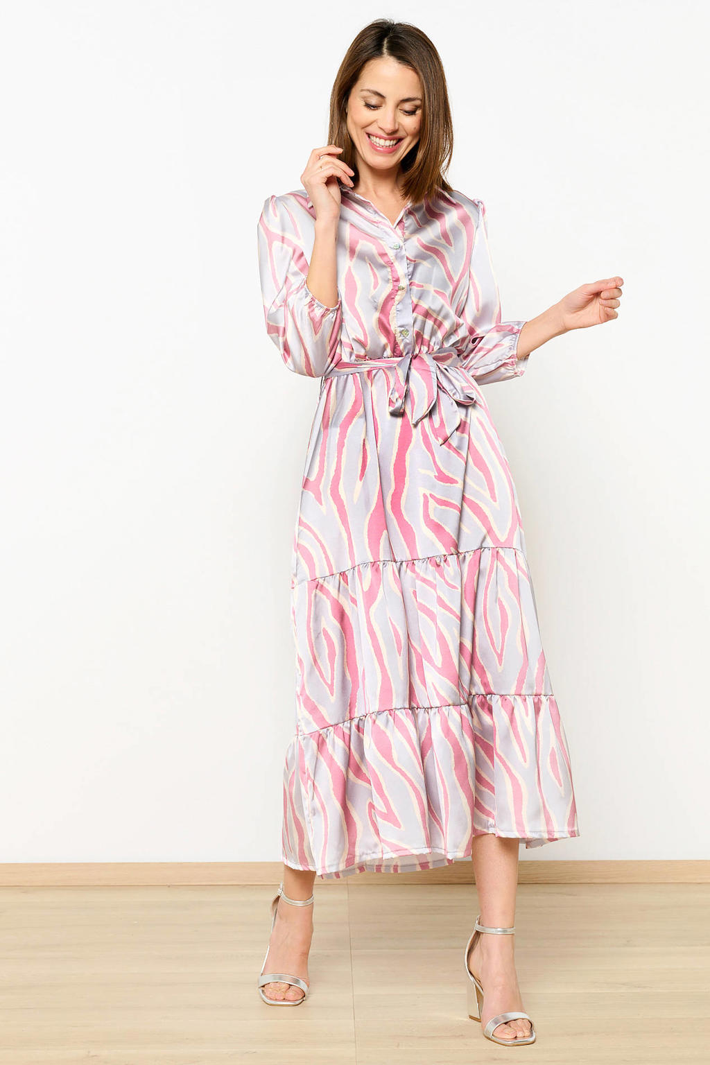 LOLALIZA jurk met all over print en ruches lichtblauw/roze | wehkamp