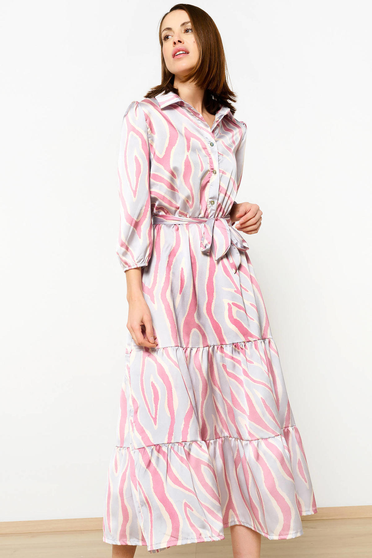 LOLALIZA jurk met all over print en ruches lichtblauw/roze | wehkamp