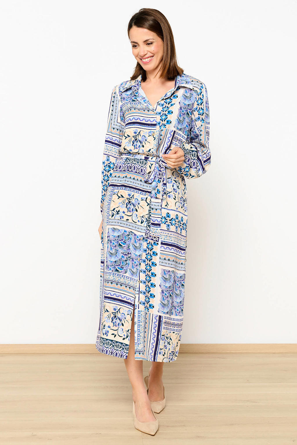 LOLALIZA blousejurk met paisleyprint en ceintuur ecru/blauw | wehkamp