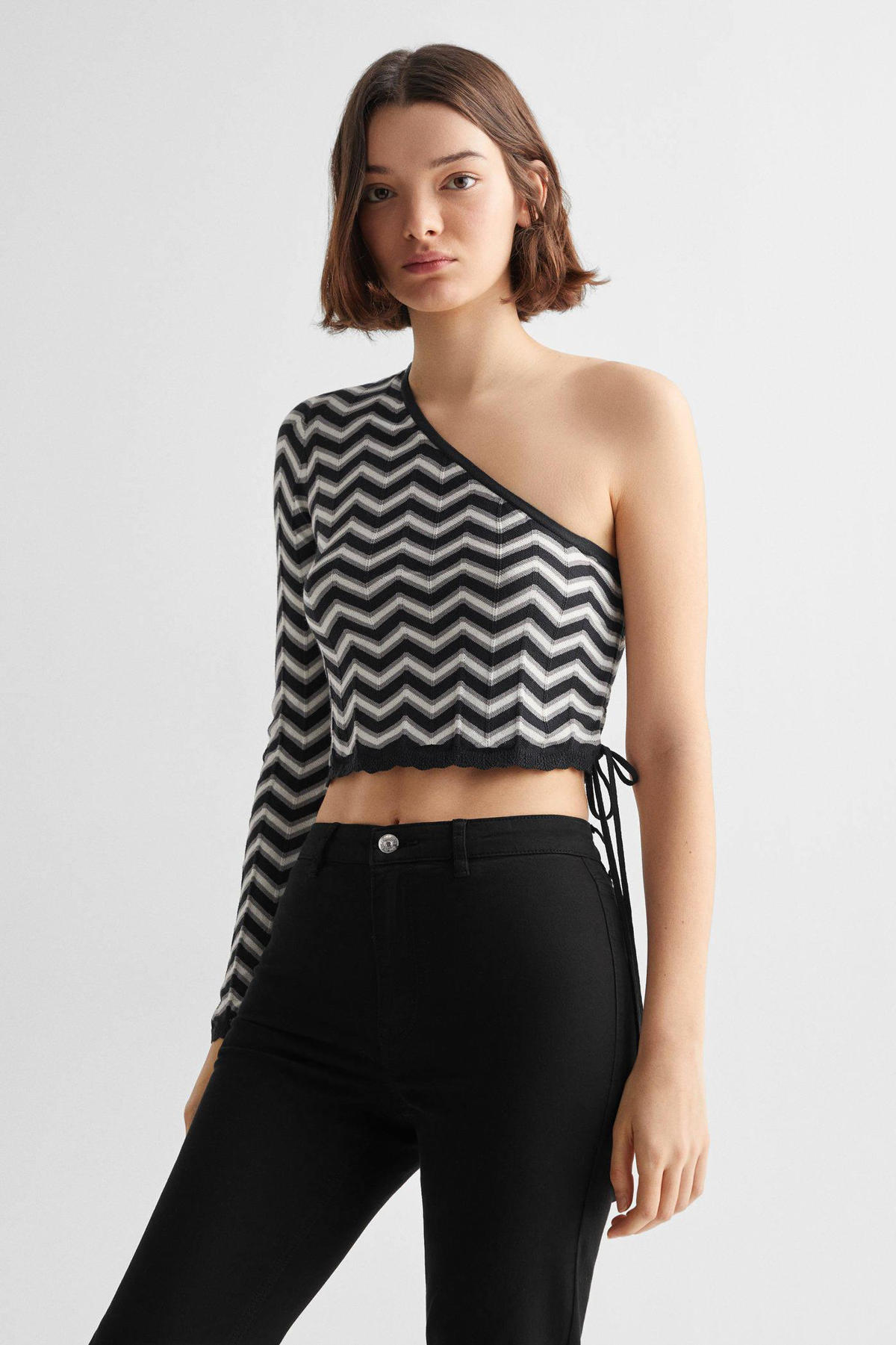 Mango Kids one shoulder top met grafische print zwart/wit | wehkamp