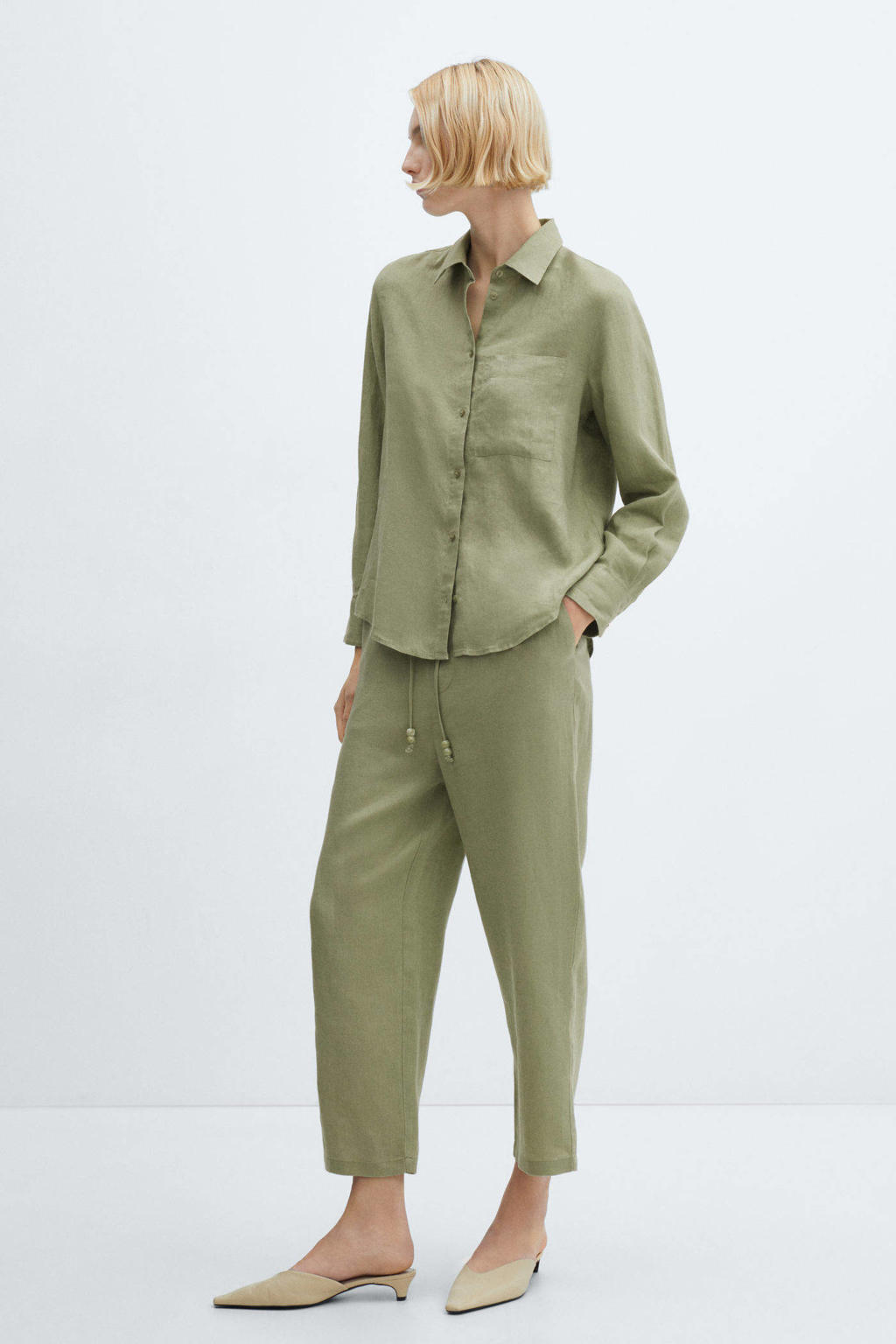 Mango cropped linnen broek groen | wehkamp