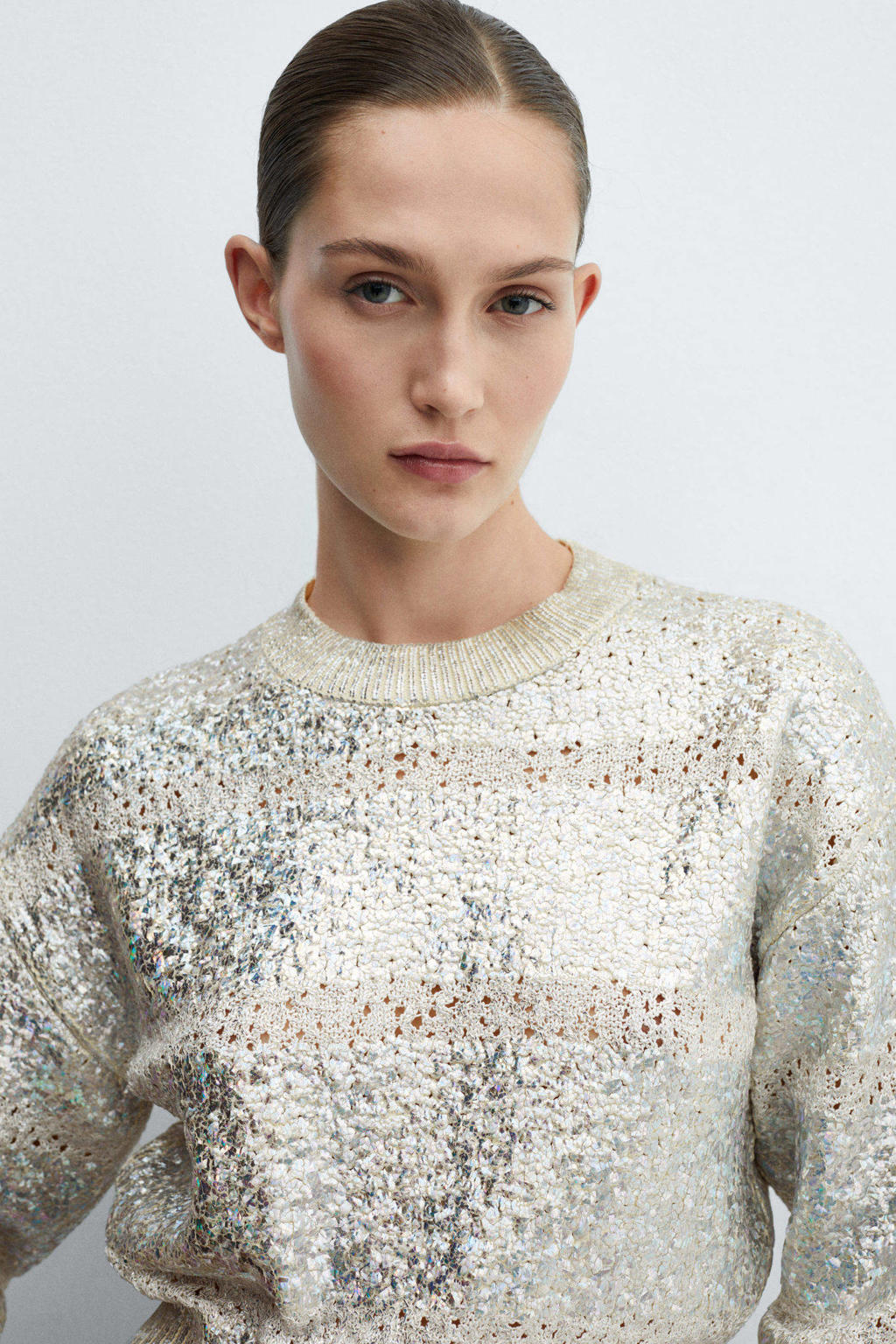 Mango metallic gebreide trui zilver/ecru | wehkamp