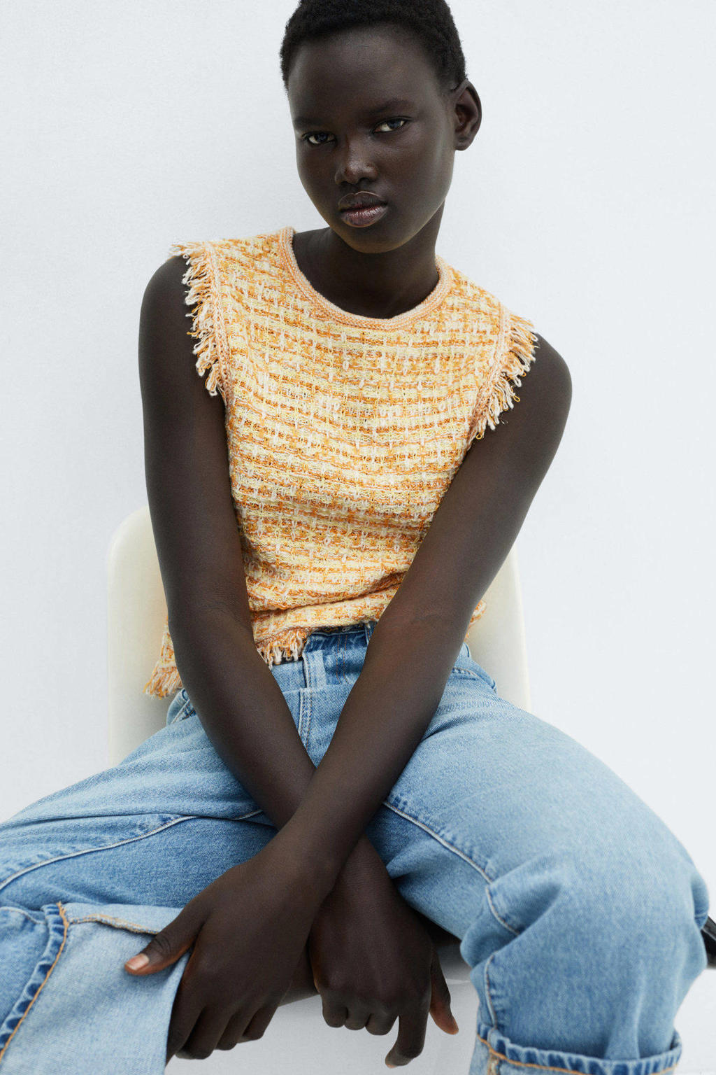 Mango tweed top geel/oranje/ecru | wehkamp