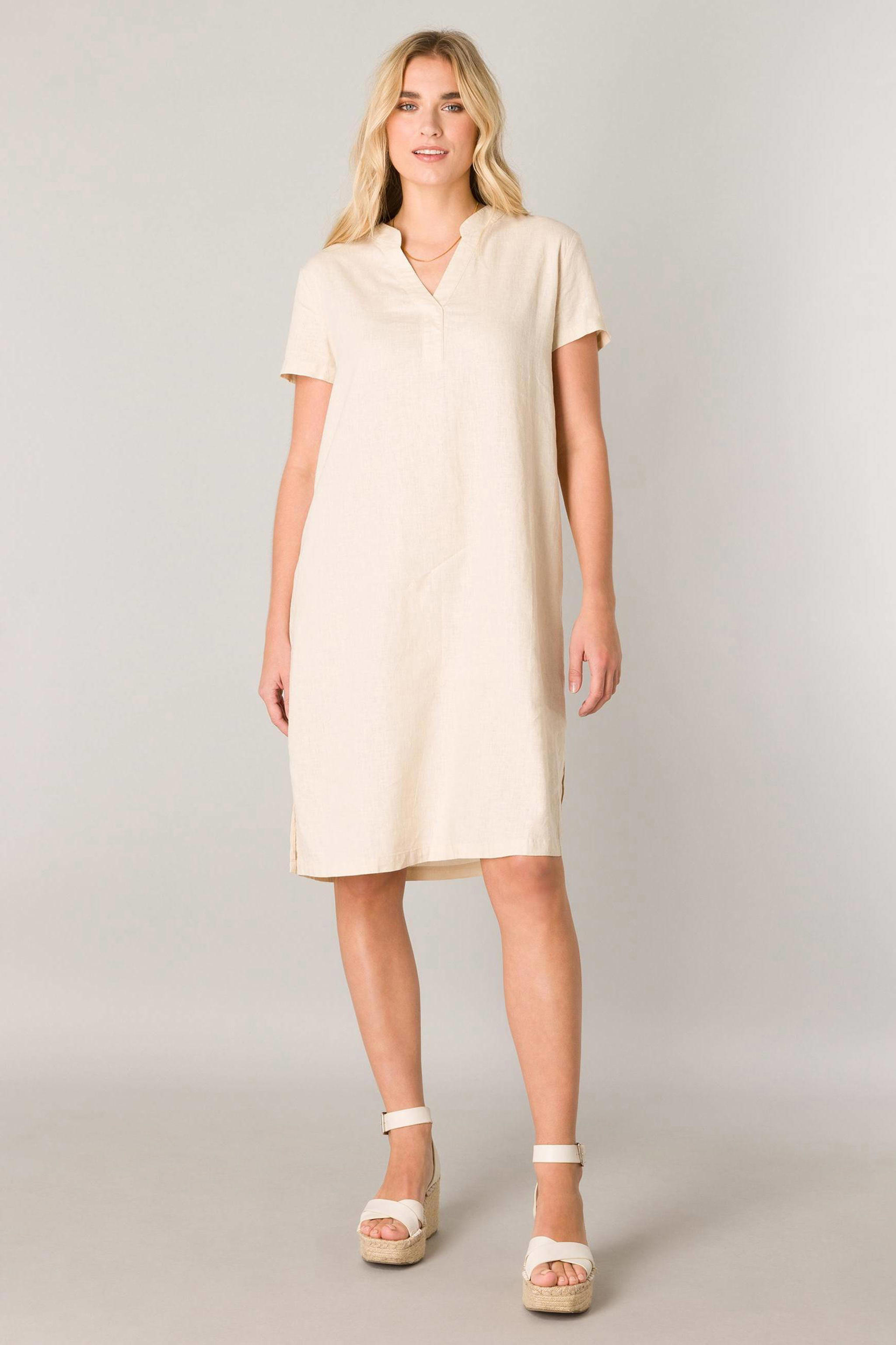 Base Level jurk met linnen Yacin beige | wehkamp