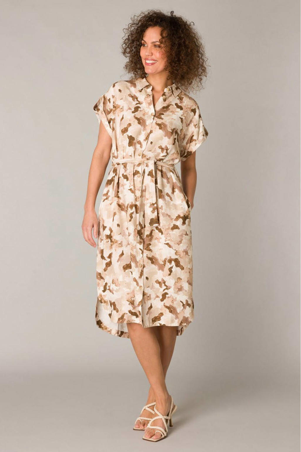 Yest blousejurk met linnen en all over print zand/bruin | wehkamp