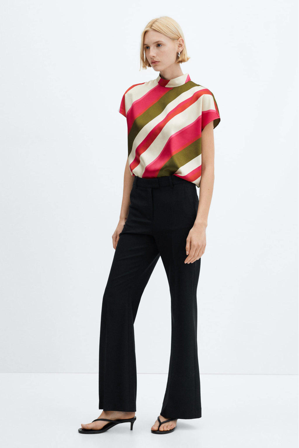 Mango gestreepte satijnen blousetop ecru/fuchsia/olijfgroen | wehkamp