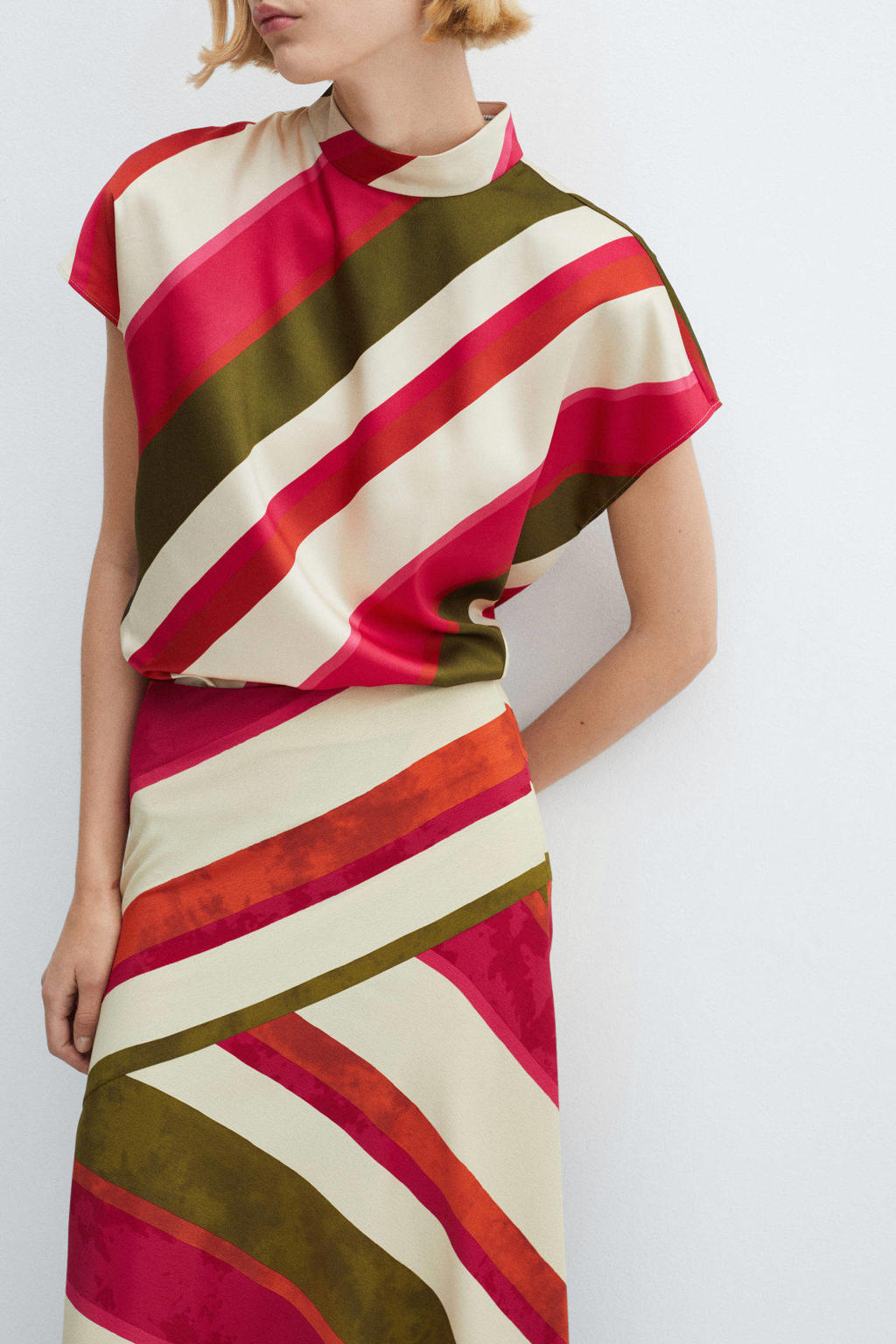 Mango gestreepte satijnen blousetop ecru/fuchsia/olijfgroen | wehkamp