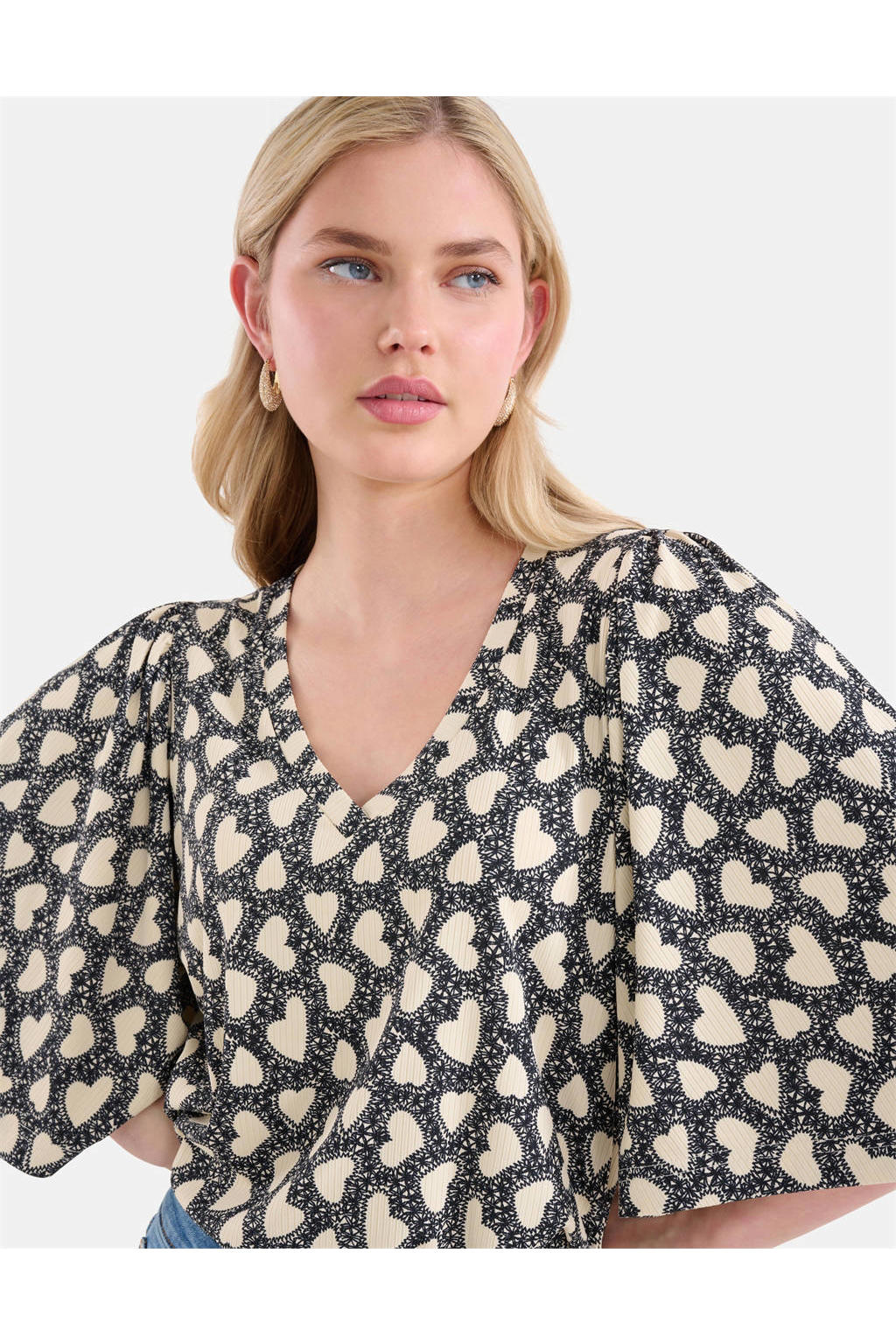 Shoeby jersey top met hartjes zwart/ecru | wehkamp
