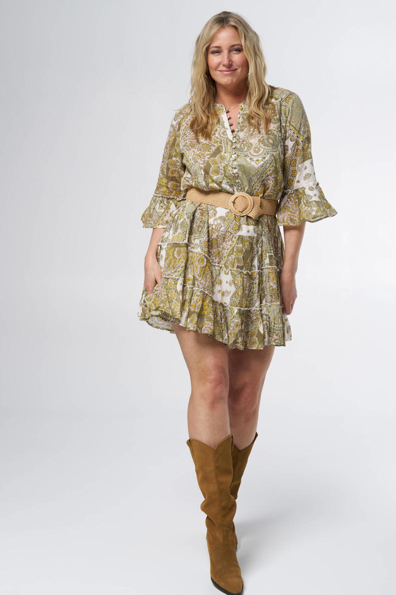 MS Mode jurk met paisleyprint en volant lichtkaki/ecru | wehkamp