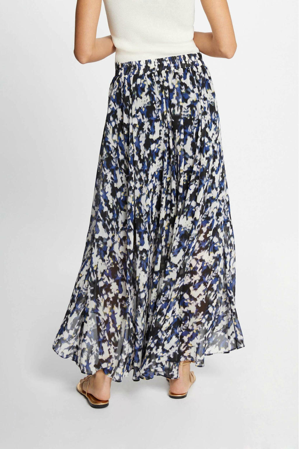 Morgan midi rok met all over print en ruches donkerblauw/ecru/zwart ...