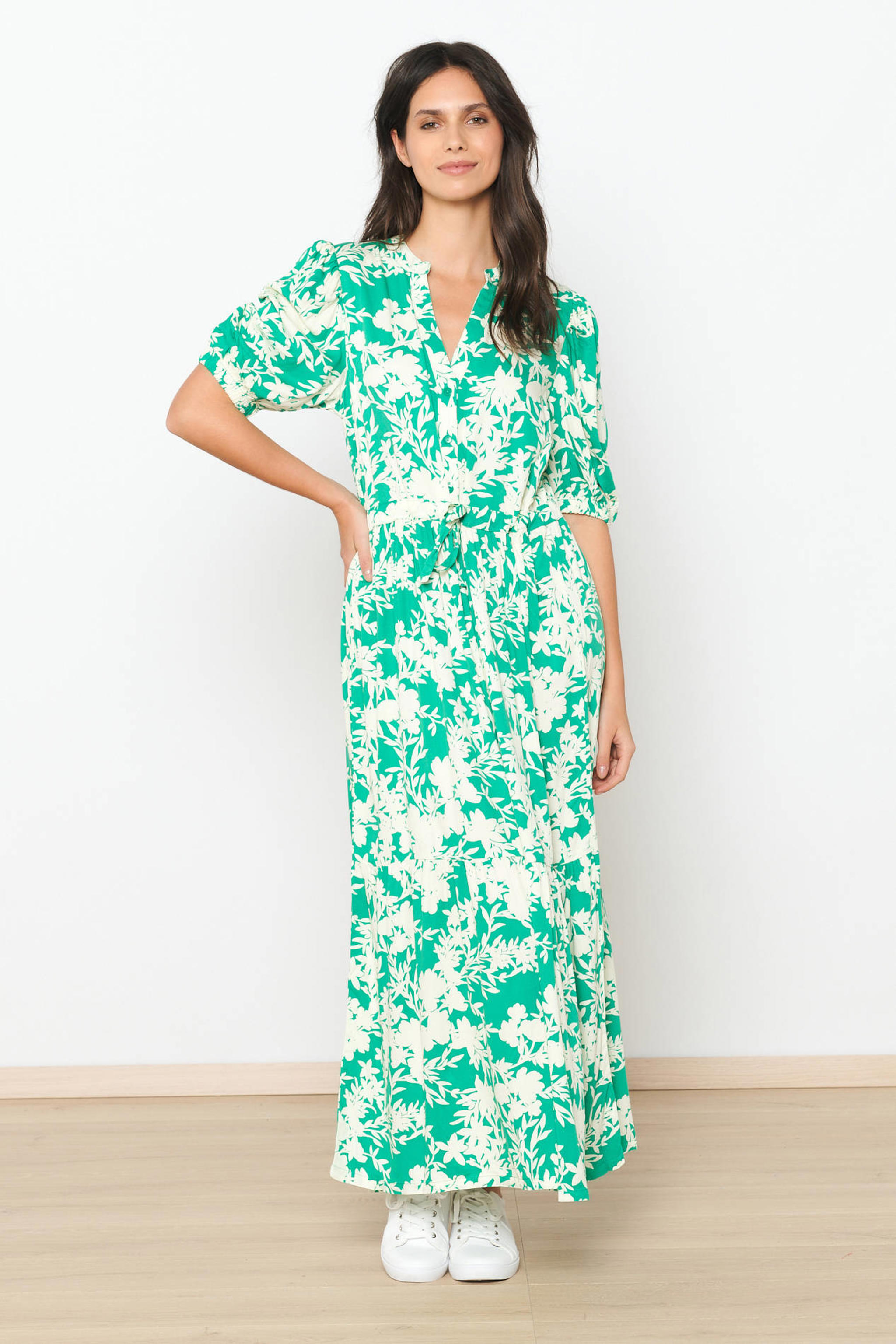 LOLALIZA maxi jurk met all over print en volant groen/ecru | wehkamp