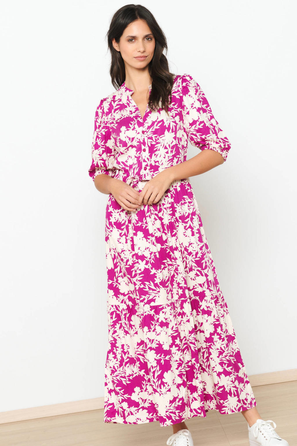 LOLALIZA maxi jurk met all over print en volant paars/ecru | wehkamp